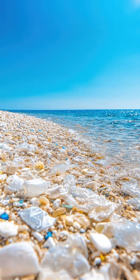 Coastal Pollution on a Pebble Beach Showing Plastic Waste and Ocean ...