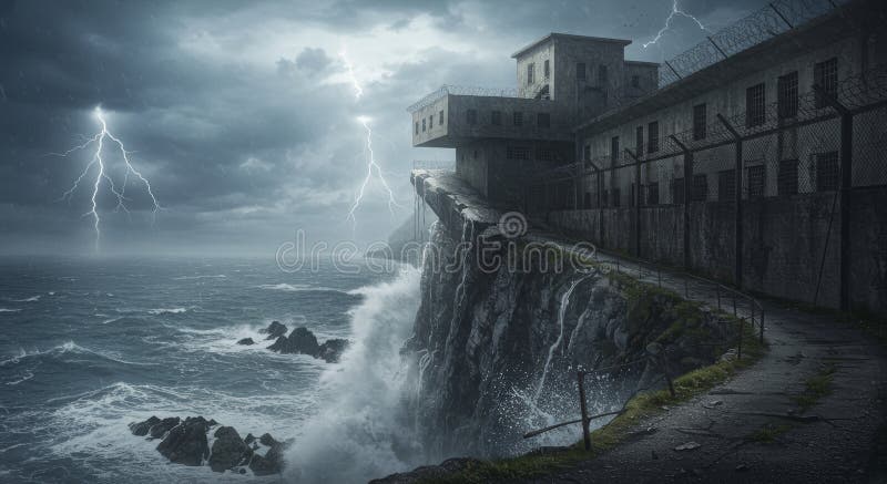 Coastal Prison on Cliff during Storm with Lightning and Crashing Waves ...