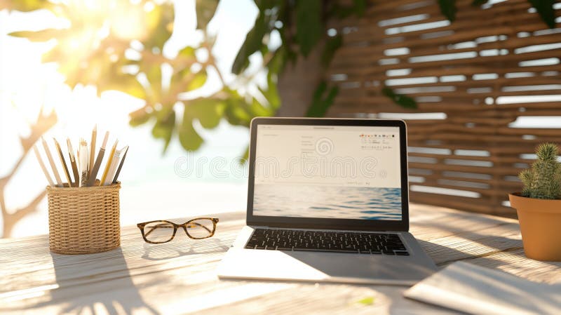 Coastal Remote Work Interior Design Stock Illustration - Illustration ...