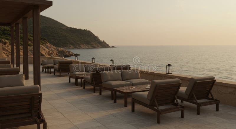 Coastal Restaurant Patio with Ocean View at Sunset Stock Illustration ...