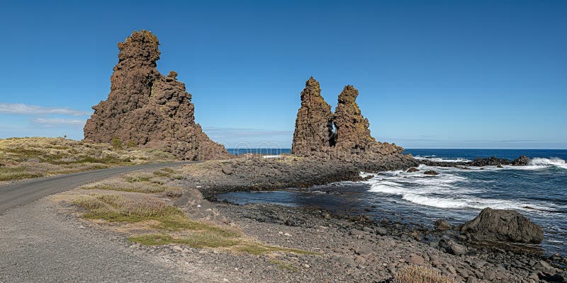 Coastal Road Scene with Dramatic Volcanic Rock Formations and Ocean ...