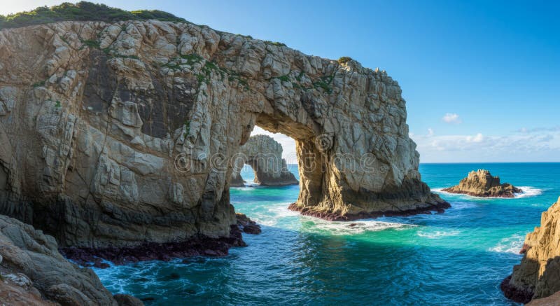 Coastal Rock Arch and Turquoise Ocean Panorama Stock Illustration ...