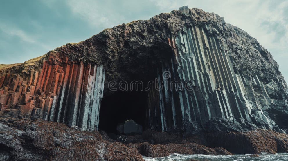 Coastal Rock Cave with Columnar Basalt Formations Stock Illustration ...