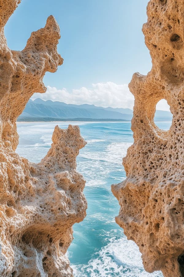 Coastal Rock Formations Frame a Serene View of the Ocean and Distant ...