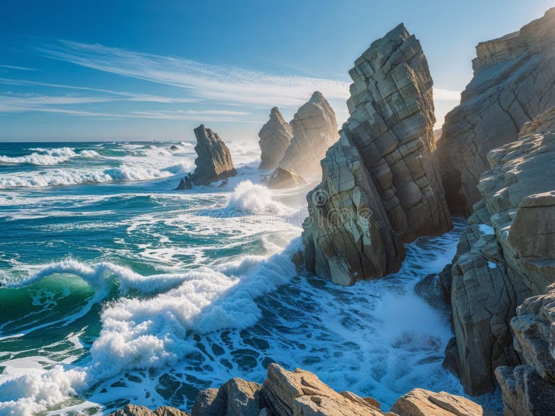 Coastal Rock Formations Ocean Waves Blue Sky Stock Photo - Image of ...