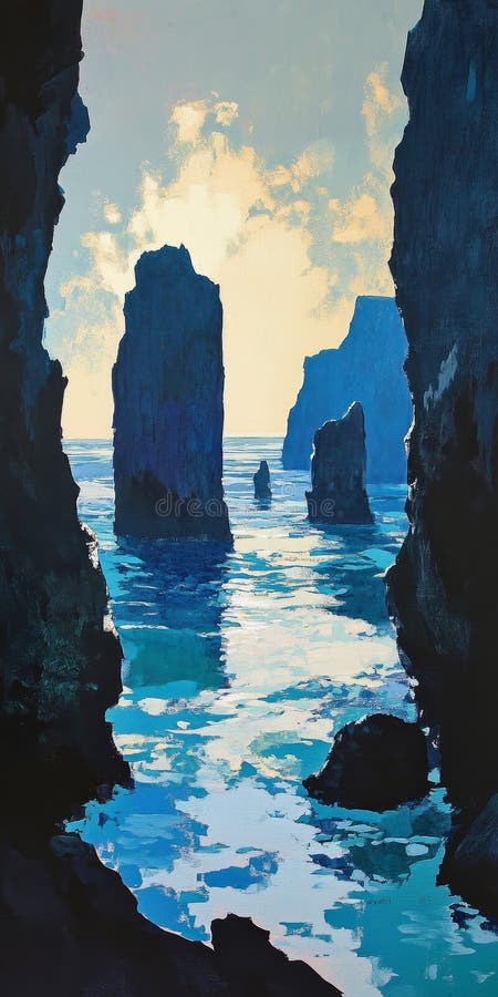 Coastal Rocks and Azure Water Painting Stock Illustration ...