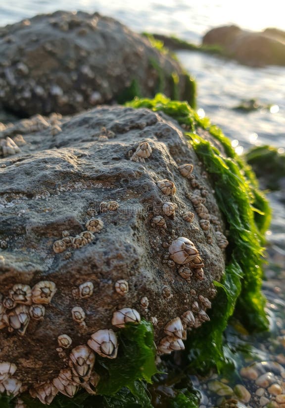 Coastal Rocks Covered with Seaweed and Barnacles Stock Illustration ...
