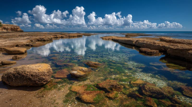 Coastal Rocks Reflecting Clouds in Clear Ocean Water Stock Illustration ...