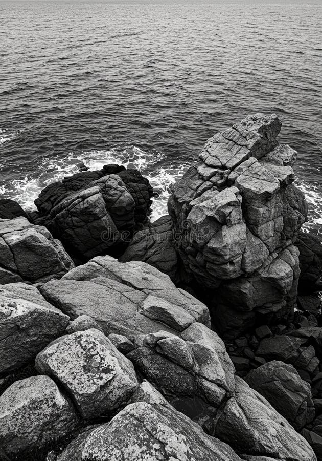 Coastal Rocks and Waves in Black and White Stock Illustration - Illustration of shore, rocks ...