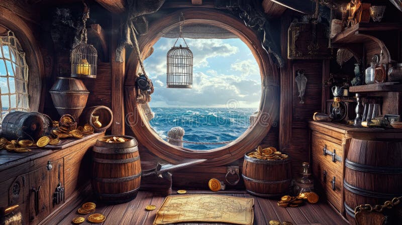 Coastal Room with Ocean View Stock Illustration - Illustration of ...