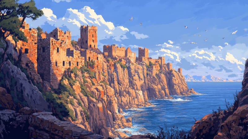 Coastal Ruins at Sunset: Sunlit Stone Buildings on a Cliffside Stock ...