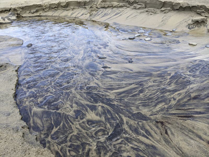Coastal Sand Patterns and Rippling Stream from Eye-Level Perspective ...