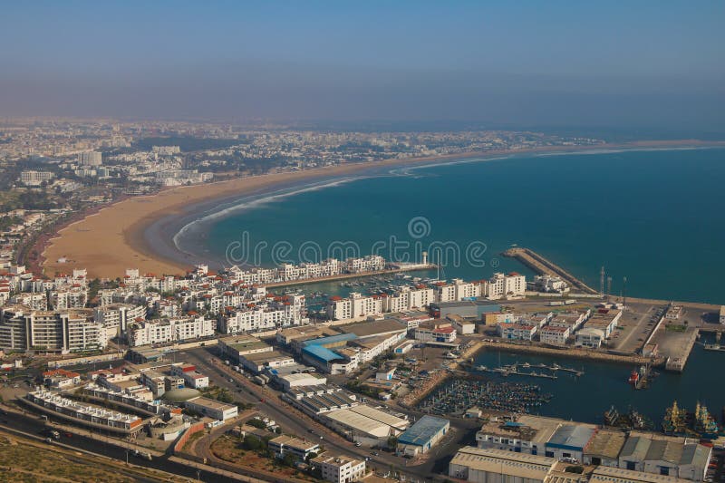 Coastal Scene of Agadir City, Sandy Agadir Beach and Skyline Stock ...