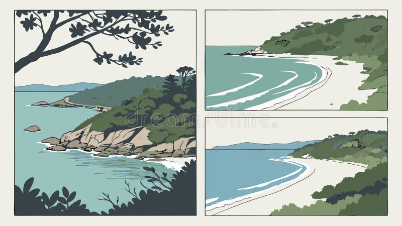 Coastal Scene with Beach, Ocean, Seaside, and Relaxing Shore Vector ...