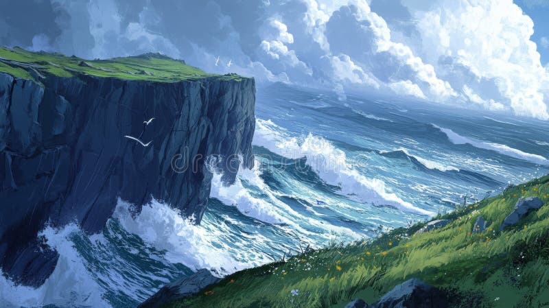 Coastal Scene with Cliffs Ocean Waves and Vibrant Greenery Stock ...