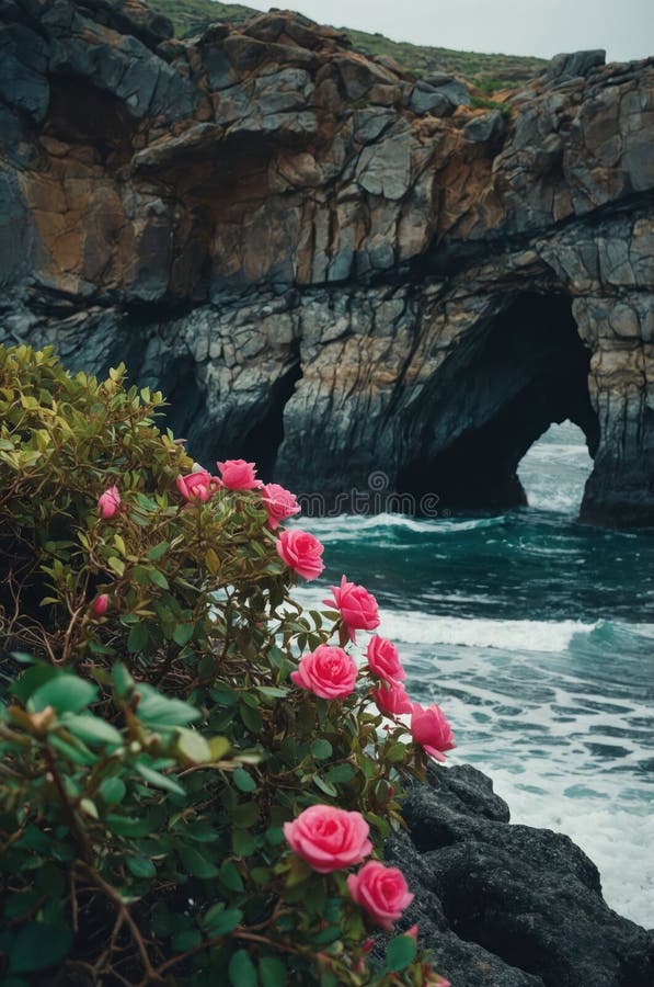 Pink Roses Blooming by Ocean Cave Rock Formation Stock Illustration ...