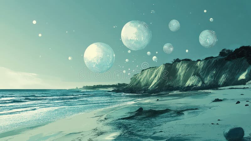 Coastal Scene with Floating Celestial Bodies Stock Photo - Image of ...