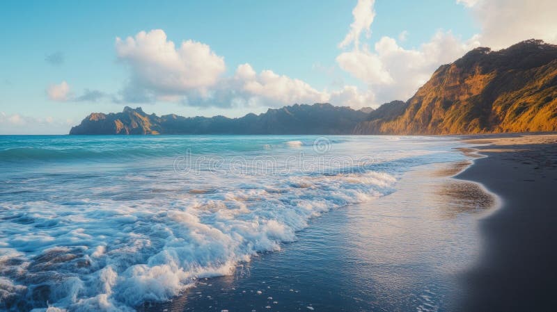 Coastal Scene with Ocean Waves and Mountain Range Stock Illustration ...