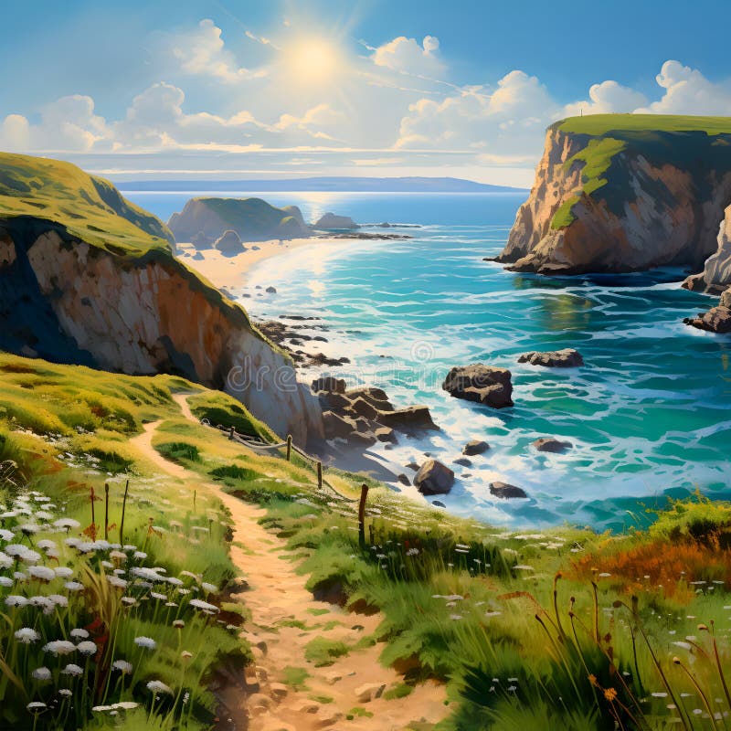 Coastal Scene with Rugged Cliffs Stock Illustration - Illustration of ...