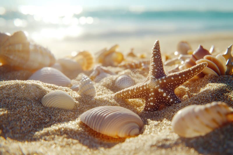 Coastal Scene with Shells and Starfishes on the Sand, Great for Ocean ...
