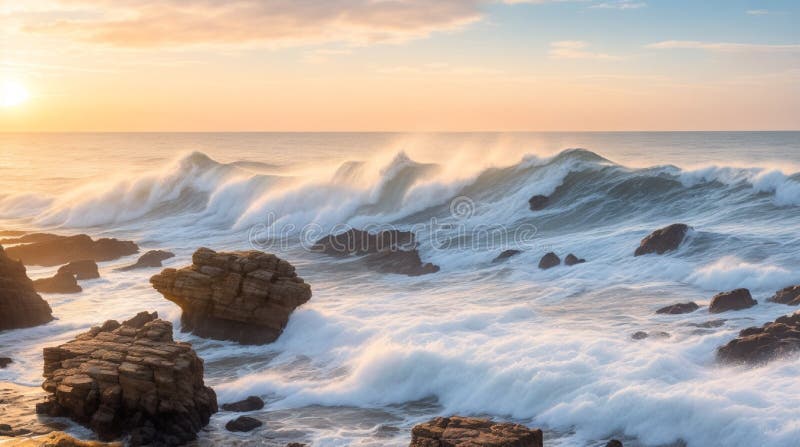A Coastal Scene with Waves Crashing Against Rocks As the Sun Sets Stock ...