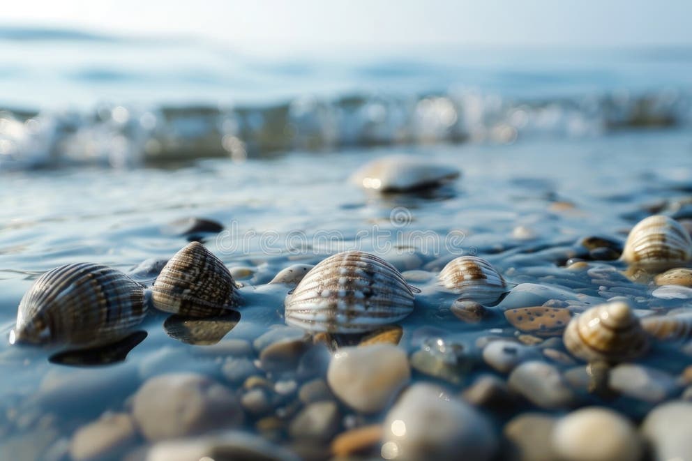 Coastal Scenery with Various Types of Shells Piled Up on the Shore ...