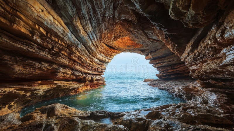 Coastal Sea Cave with Ocean View, Brown and Orange Rock Formations ...