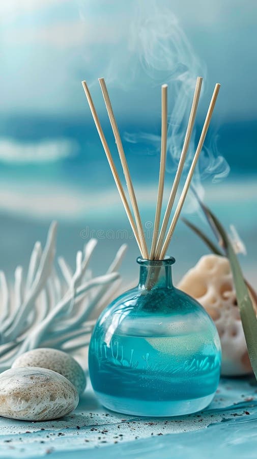 Coastal Serenity an Aromatic Diffuser Set Against a Sandy Beach with a ...