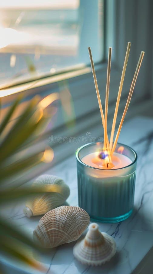 Coastal Serenity an Aromatic Diffuser Set Against a Sandy Beach with a ...