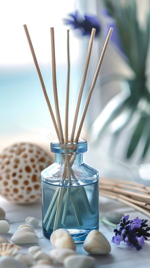 Coastal Serenity an Aromatic Diffuser Set Against a Sandy Beach with a ...