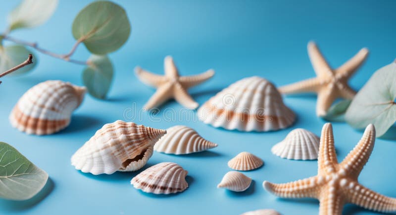 Coastal Shells and Starfish on Bright Blue Background with Leaves Stock ...