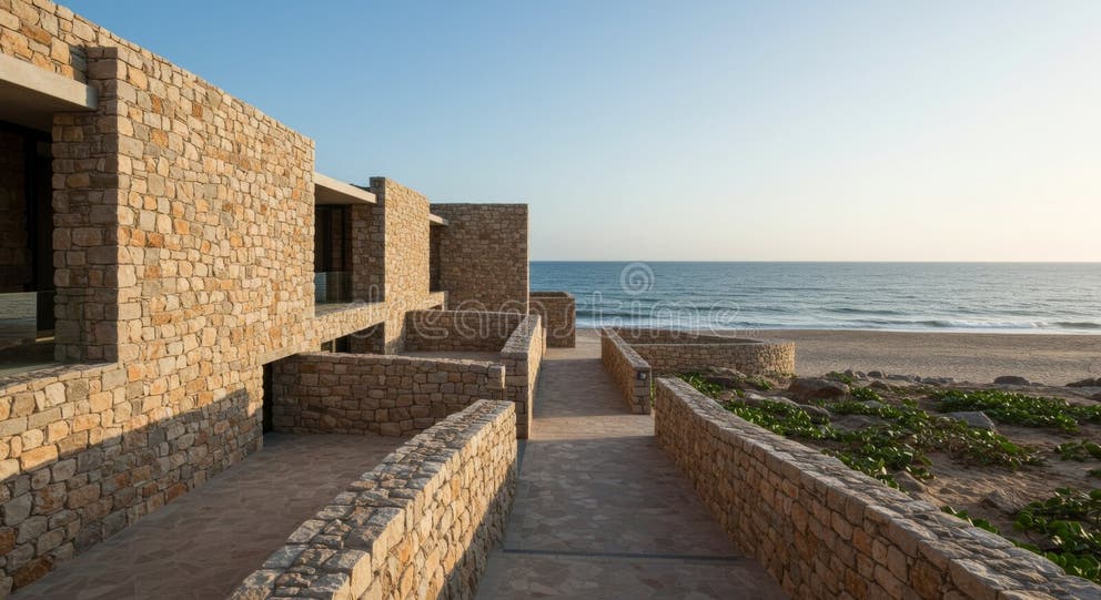 Coastal Stone Building Architecture at Beach Stock Illustration ...