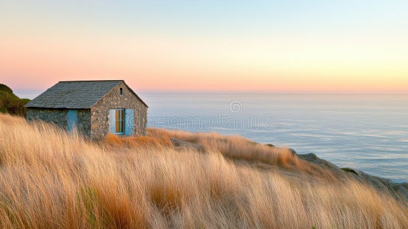 Coastal Stone Cabin Overlooking Calm Ocean at Sunset with Warm Grasses ...
