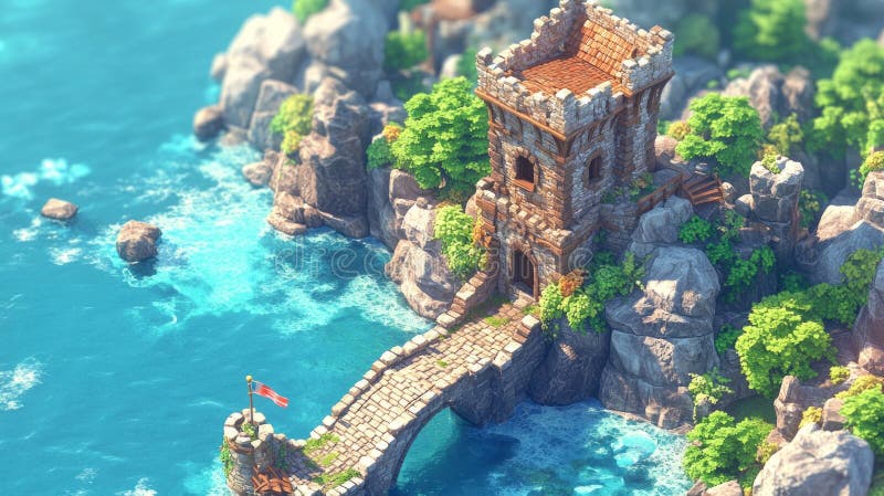 Coastal Stone Castle Ruins on a Sunny Day Stock Illustration ...