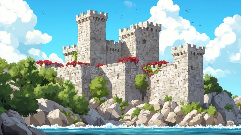 Coastal Stone Castle Under Sunny Sky Stock Illustration - Illustration ...