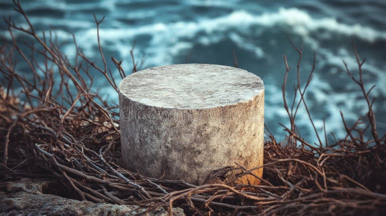 Coastal Stone Cylinder Amidst Waves and Branches Stock Illustration ...