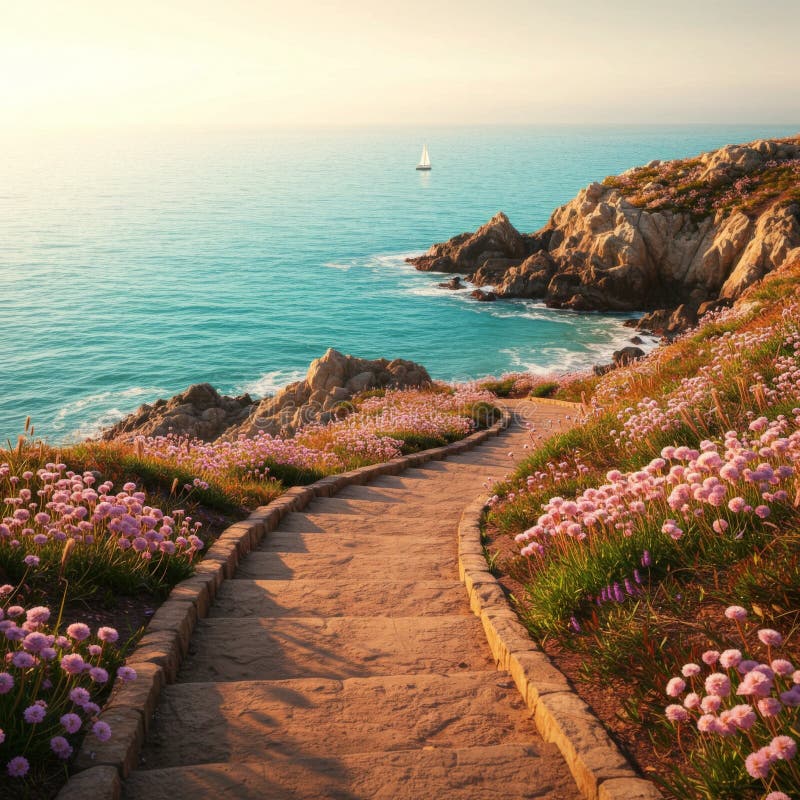 Coastal Stone Path with Pink Flowers and Ocean View Stock Illustration ...