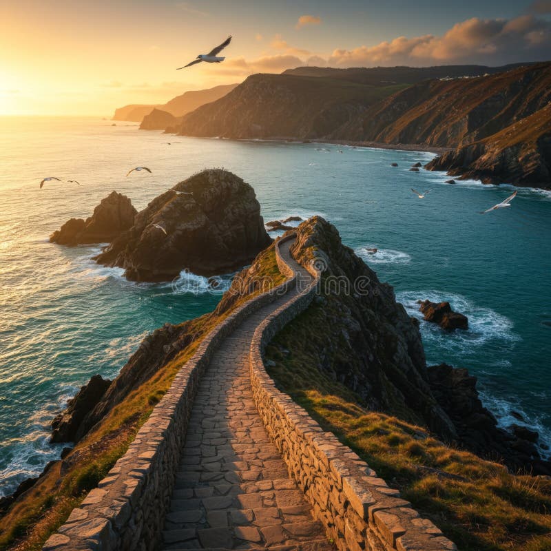 Coastal Stone Path at Sunset with a Seagull Flying Stock Image - Image ...