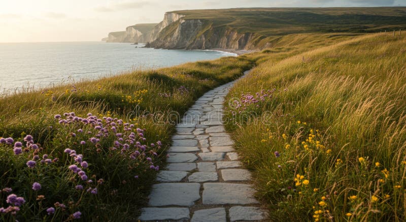 Coastal Stone Path through Wildflowers To Ocean Cliffs Stock ...