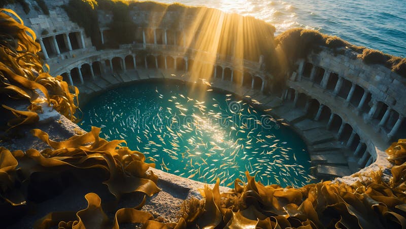 Sunlit Ancient Roman-Style Pool with Fish and Kelp Stock Illustration ...