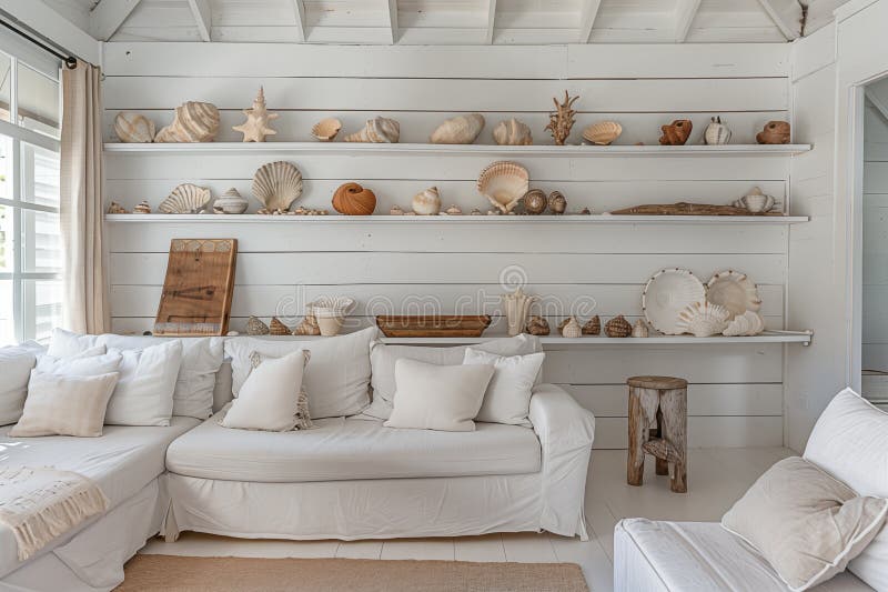 Coastal Style Living Room with White Sofa and Extensive Shell ...