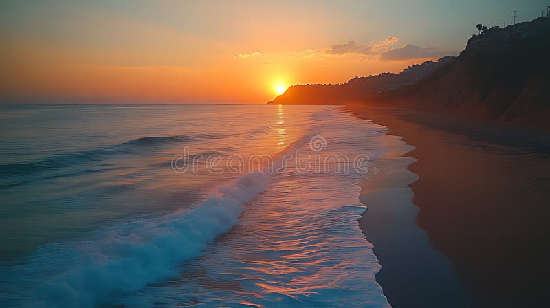 Coastal Sunset Beach Wave Ocean Cliff Landscape Stock Illustration - Illustration of coast ...
