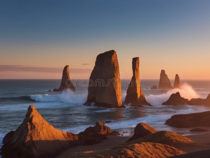 Coastal Sunset with Dramatic Cliffs and Sea Stacks. Stock Illustration ...