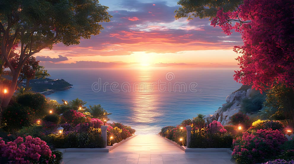 Coastal Sunset Garden Path Ocean View, Tranquility Stock Illustration ...