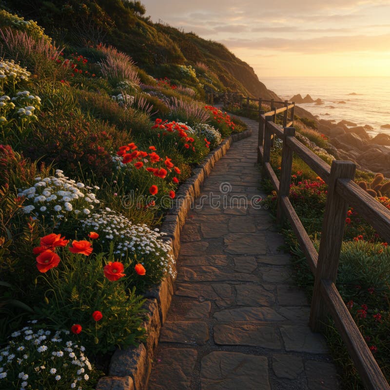 Coastal Sunset Path with Blooming Flowers Stock Illustration ...
