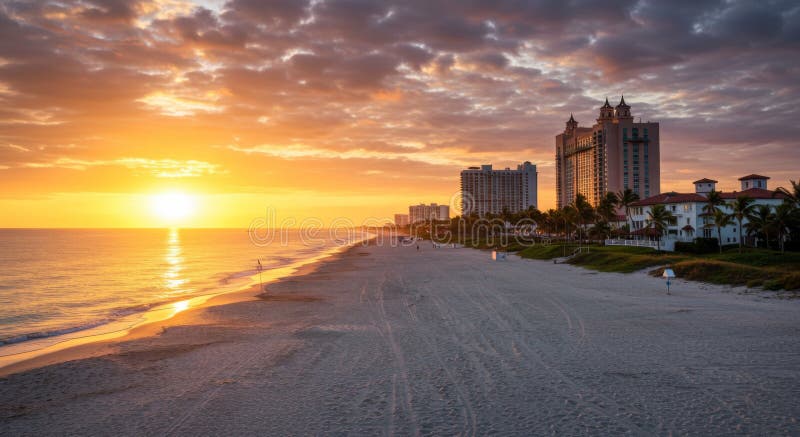 Coastal Sunset Scene with Beach and Buildings Stock Illustration ...