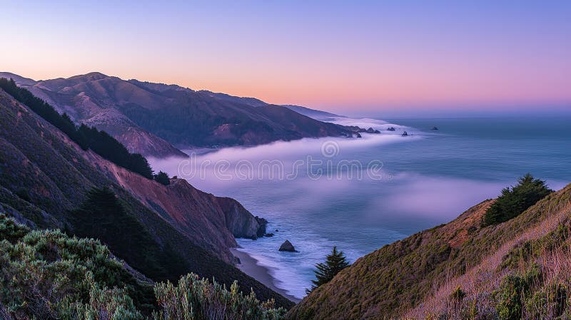Coastal Sunset View with Fog Rolling Over the Ocean and Dramatic Cliffs ...