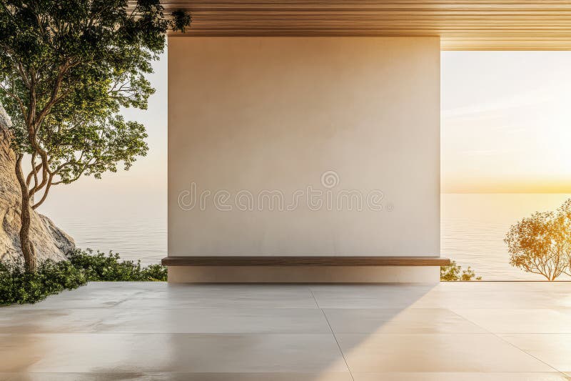 Coastal Terrace with Modern Design and Tranquil Ocean View at Sunset ...