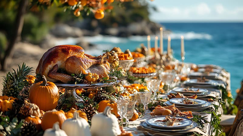Coastal Thanksgiving Feast Ocean Backdrop Stock Illustration ...