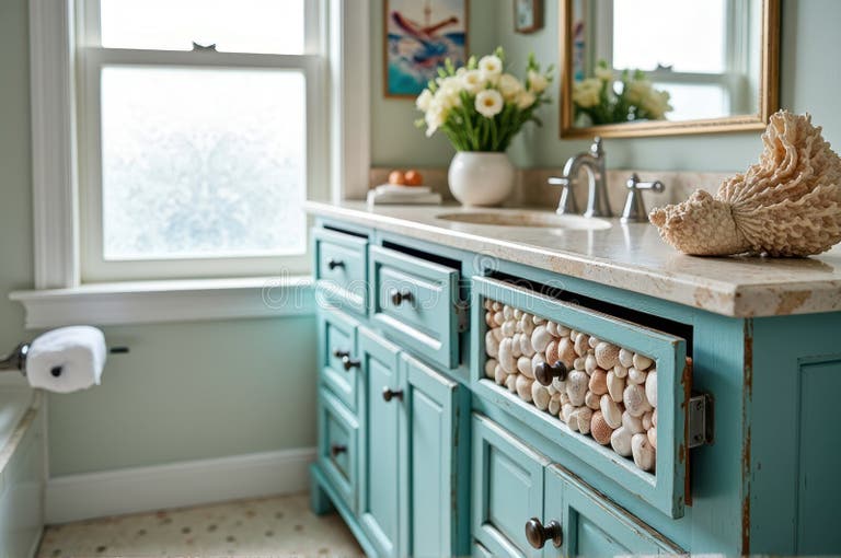 Coastal-themed Bathroom with Seashell Decor and Turquoise Vanity Stock ...